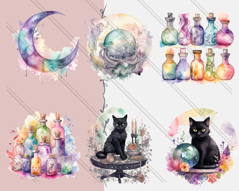 30 PNG Watercolor Pastel Witch Clipart Bundle, Pastel Witchcraft Clip ...