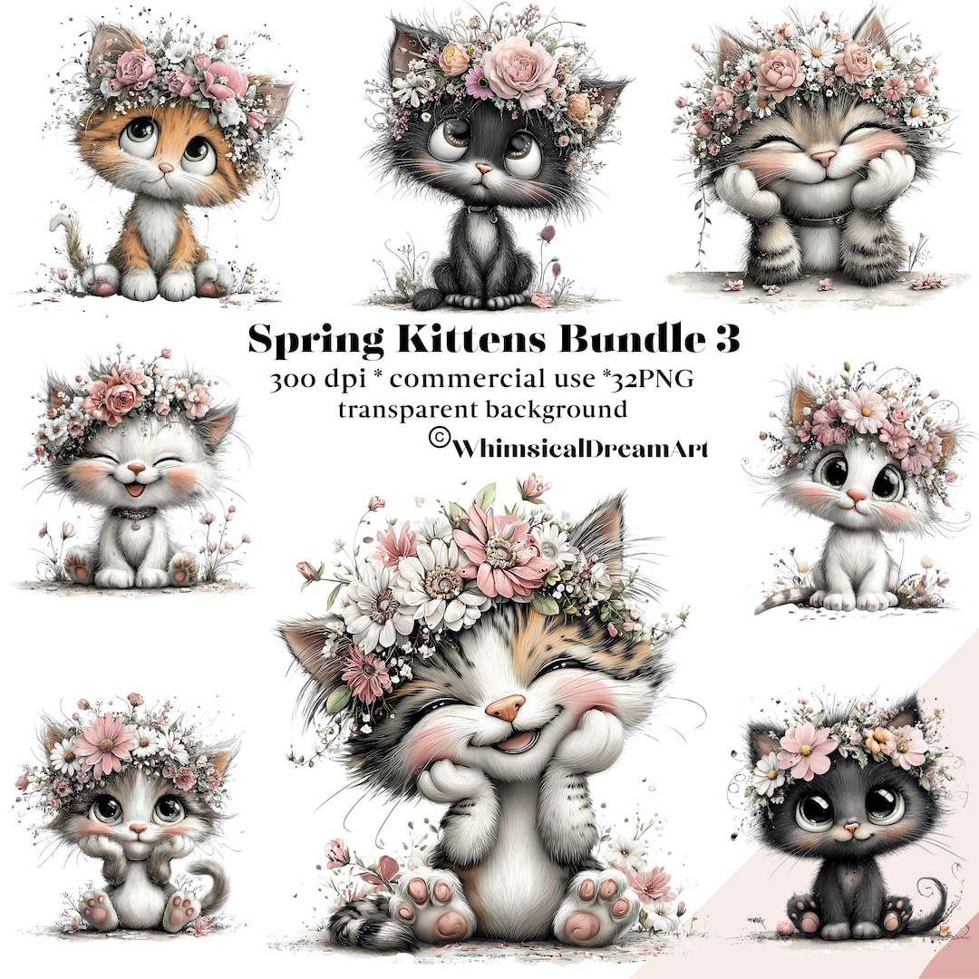 32 PNG Floral Kitten Clipart, Cute Spring Cat, Whimsical Pet ...