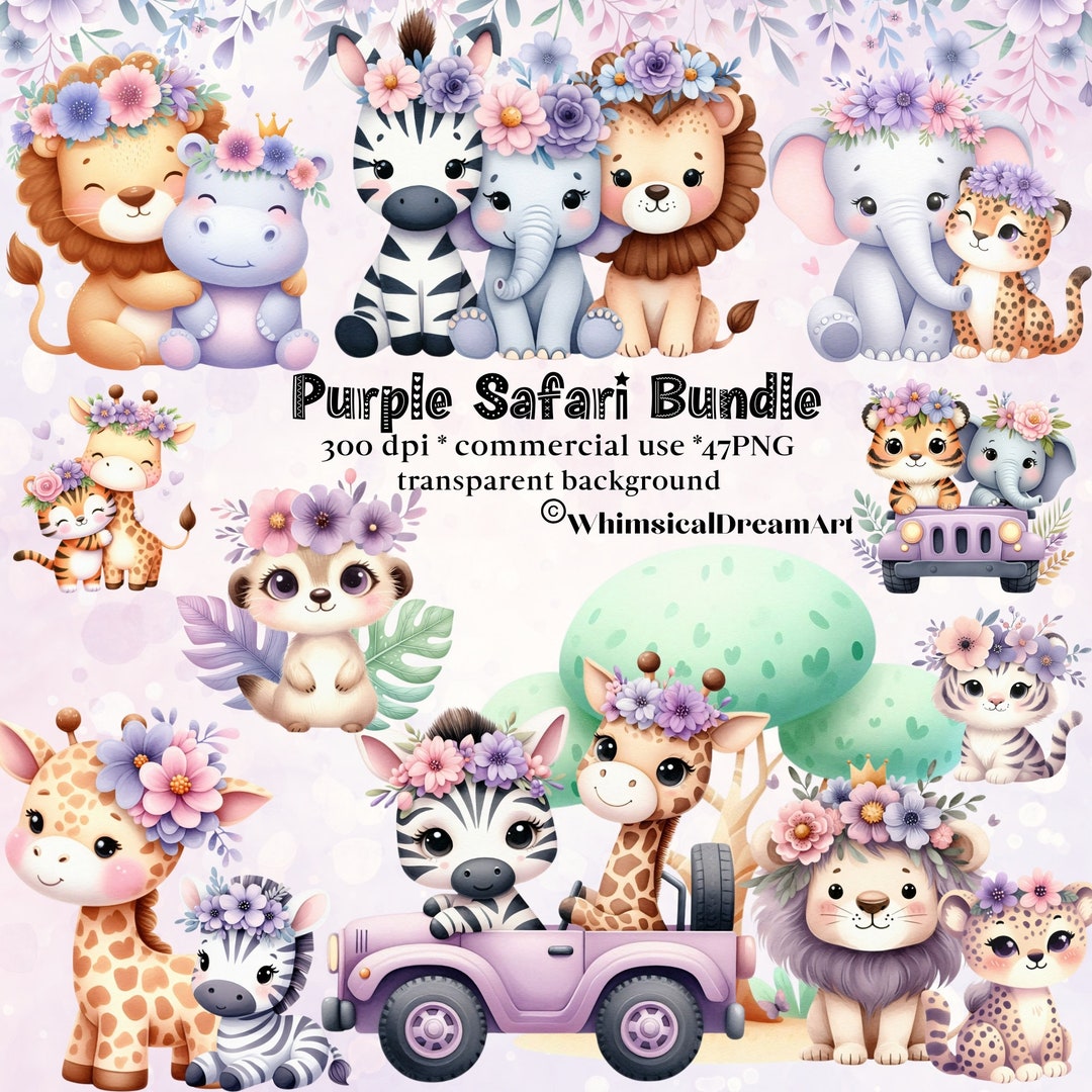 47 Watercolor Purple Safari Animal Clipart PNG Bundle, Baby Animal ...