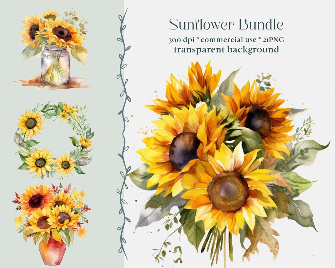 21 Watercolor Sunflowers Clipart Bundle - Fall Sunflower Floral ...