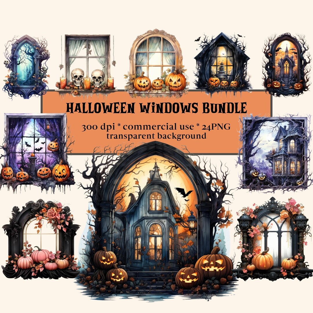 24 Halloween Window Clipart, Pumpkin Watercolor Clipart, Halloween ...