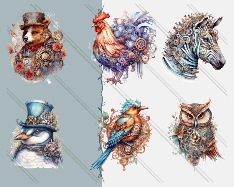 24 PNG Romantic Steampunk Animal Clipart, Watercolor Steampunk ...