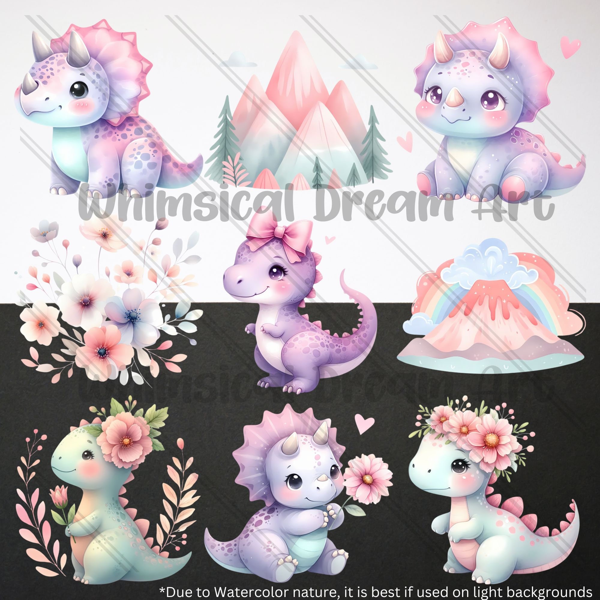44 Watercolor Girl Dinosaurs Clipart, Girly Dino Theme Baby Party ...