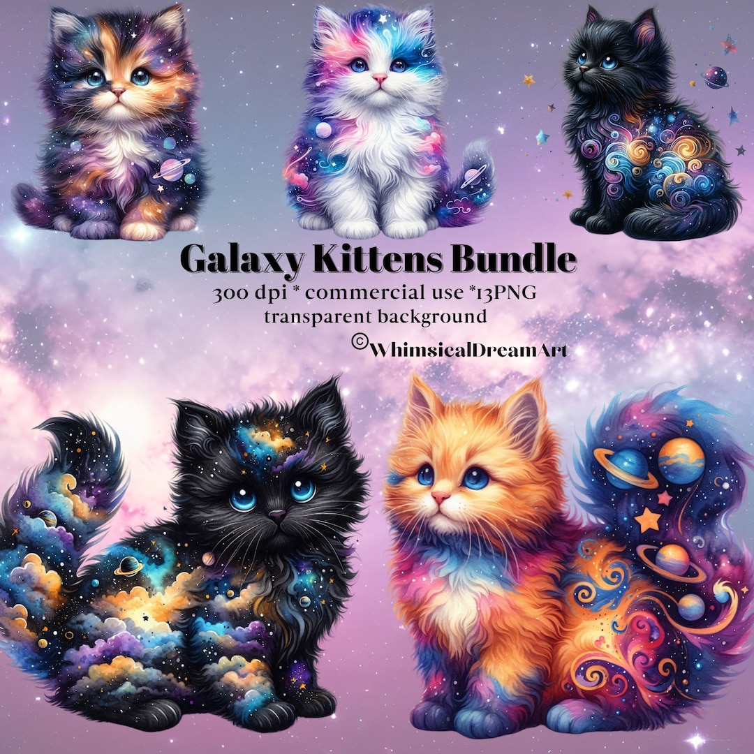 13 Watercolor Galaxy Kittens Collection Bundle, Celestial Cats, Cute ...