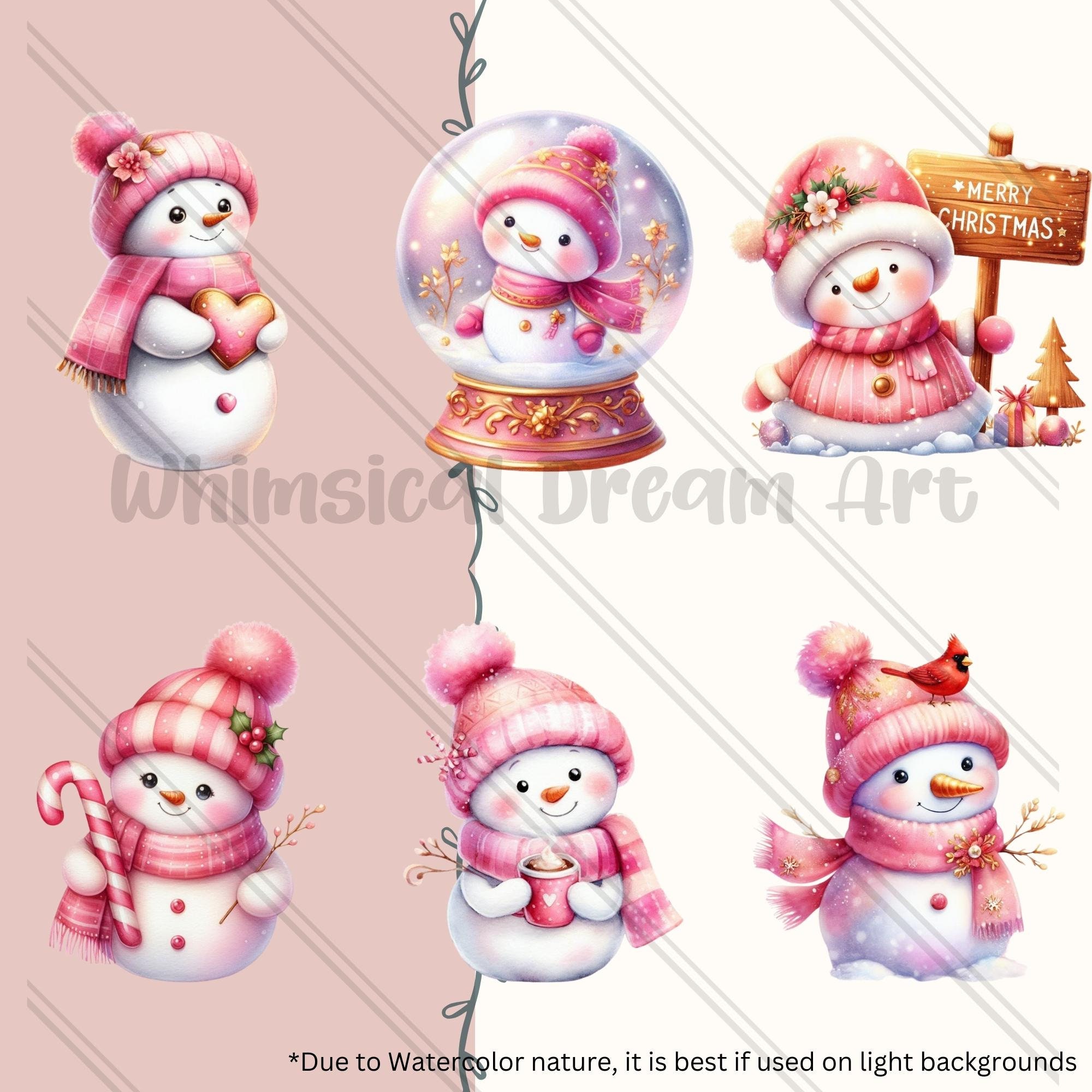 32 Christmas Cute Pink Snowman Clipart Bundle, Watercolor Collection ...