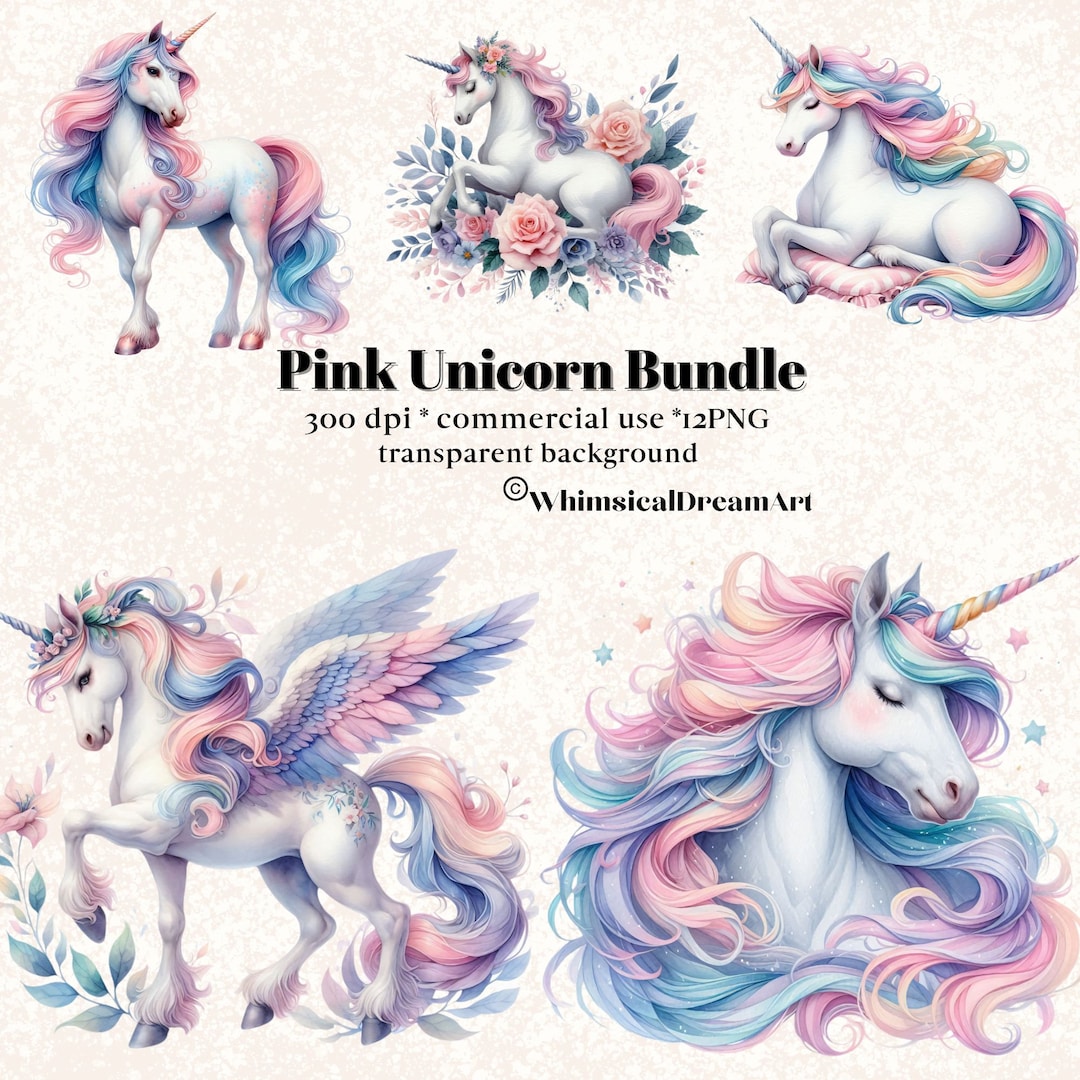 12 Watercolor Cute Pastel Unicorn Collection Clipart, Spring Flowers ...