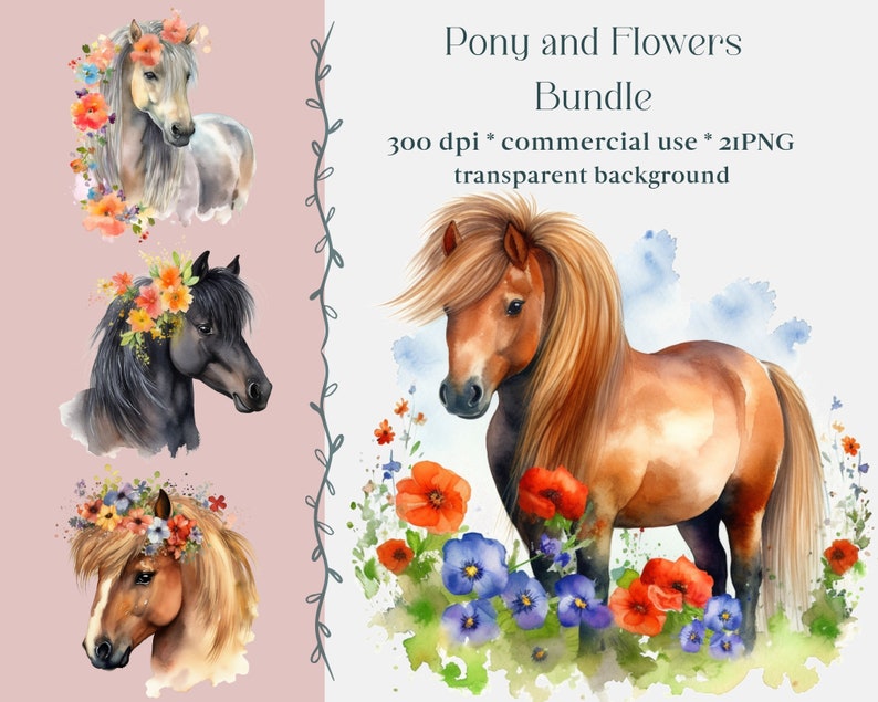 Watercolor Pony and Flowers Clipart, Nursery Art (21 PNG) - Etsy