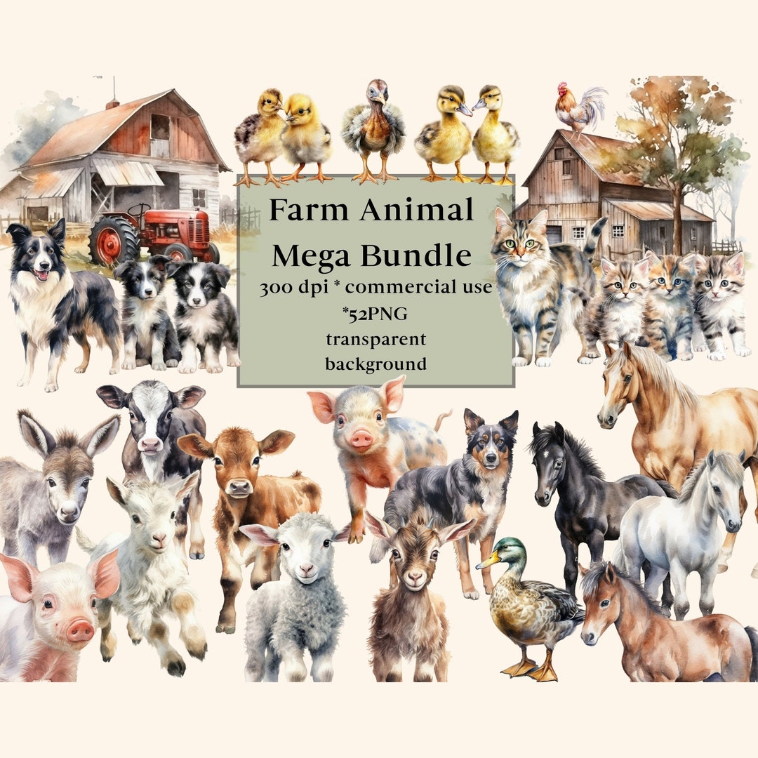 52 Watercolor Farm Animal Clipart - Cute Chickens, Chicks, Horses, Cows ...