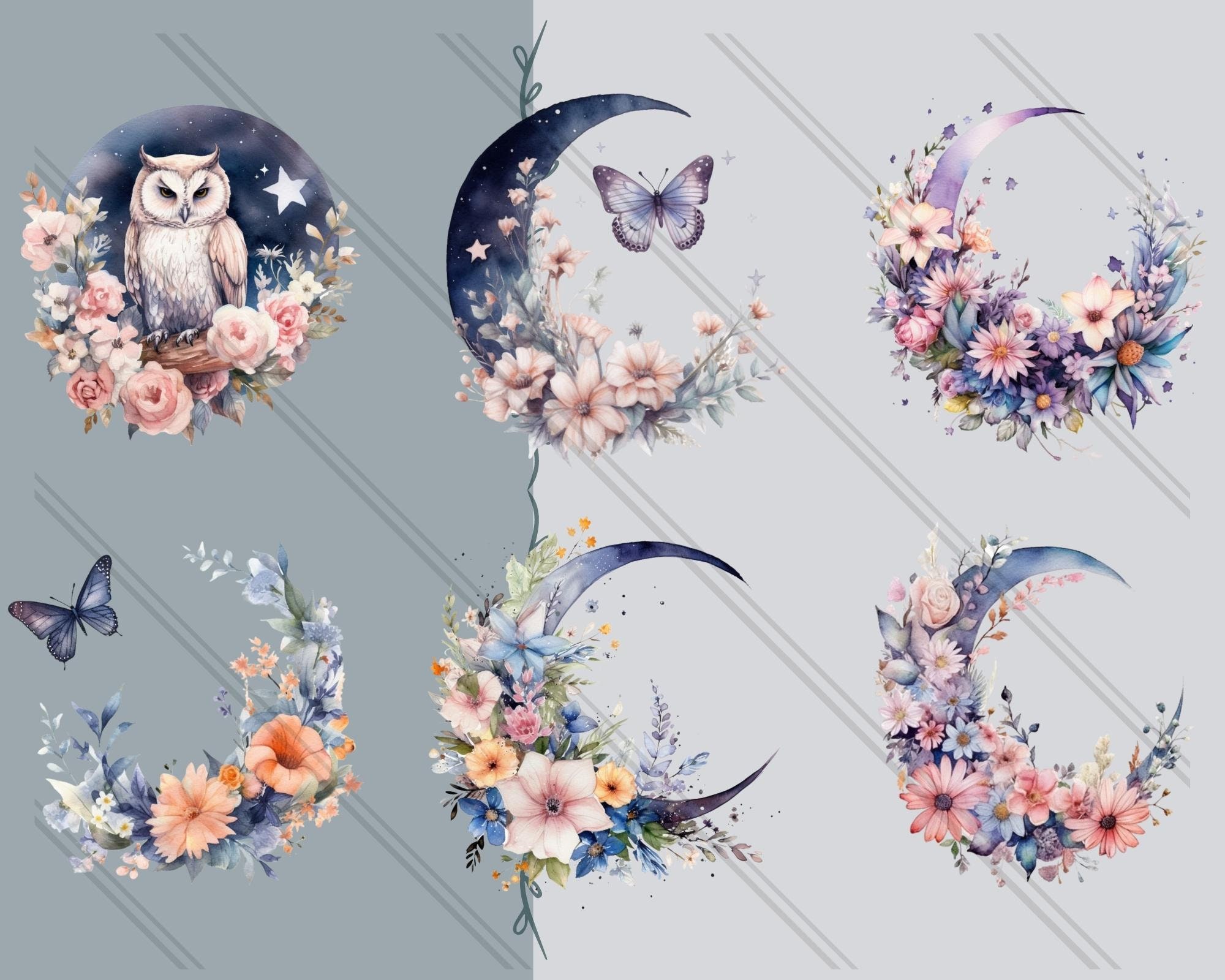 24 PNG Watercolor Floral Moons Clipart Floral Crescent Moons - Etsy