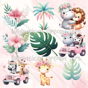 45 Watercolor Pink Safari Animal Clipart PNG Bundle, Baby Animal, Girl ...