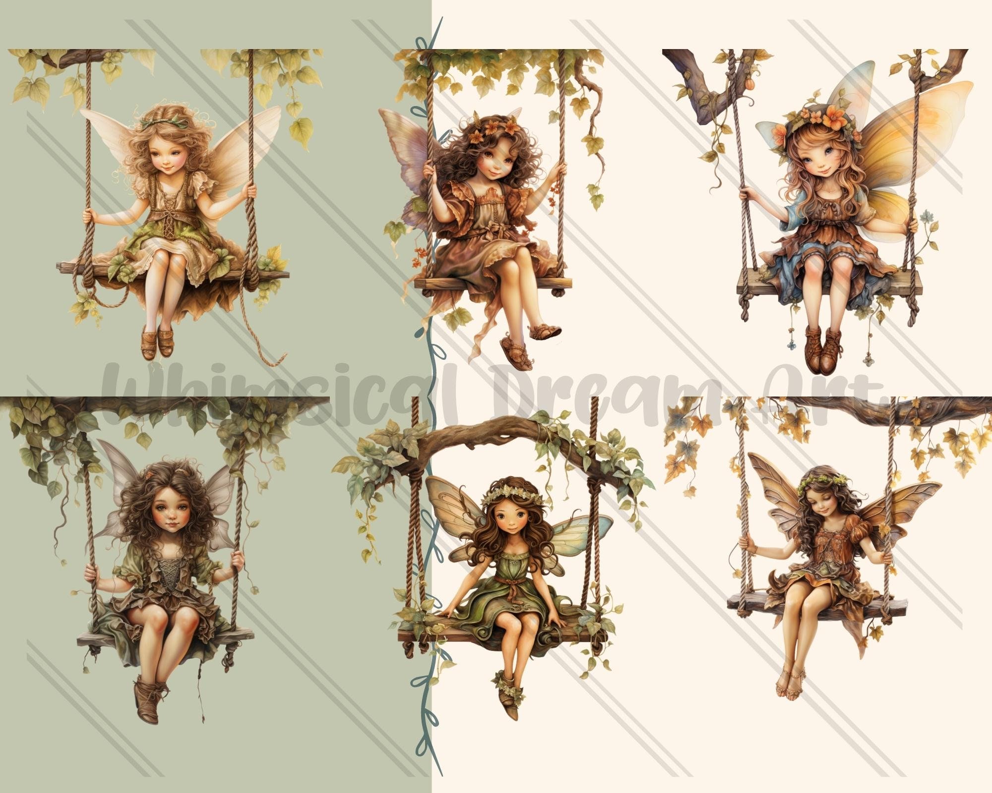 24 PNG Watercolor Fairy on Swing Clipart, Beautiful Garden Fairy Bundle ...