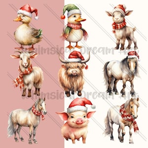 53 Christmas Farm Animals Clipart Watercolor Bundle, Commercial Use ...