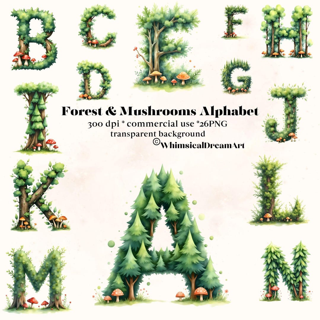 Watercolor Green Woodland Alphabet Clipart, Mushroom Letters, Letters ...