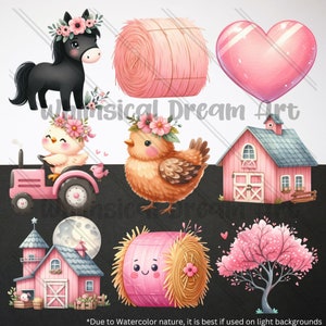 42 Watercolor Pink Farm Animal Clipart - Cute Chickens, Chicks, Horses ...
