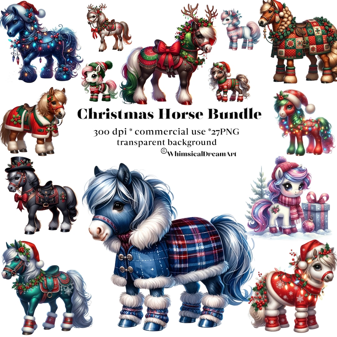 27 Christmas Ponies PNG Collection, Horse Clipart Set, Watercolor Horse ...