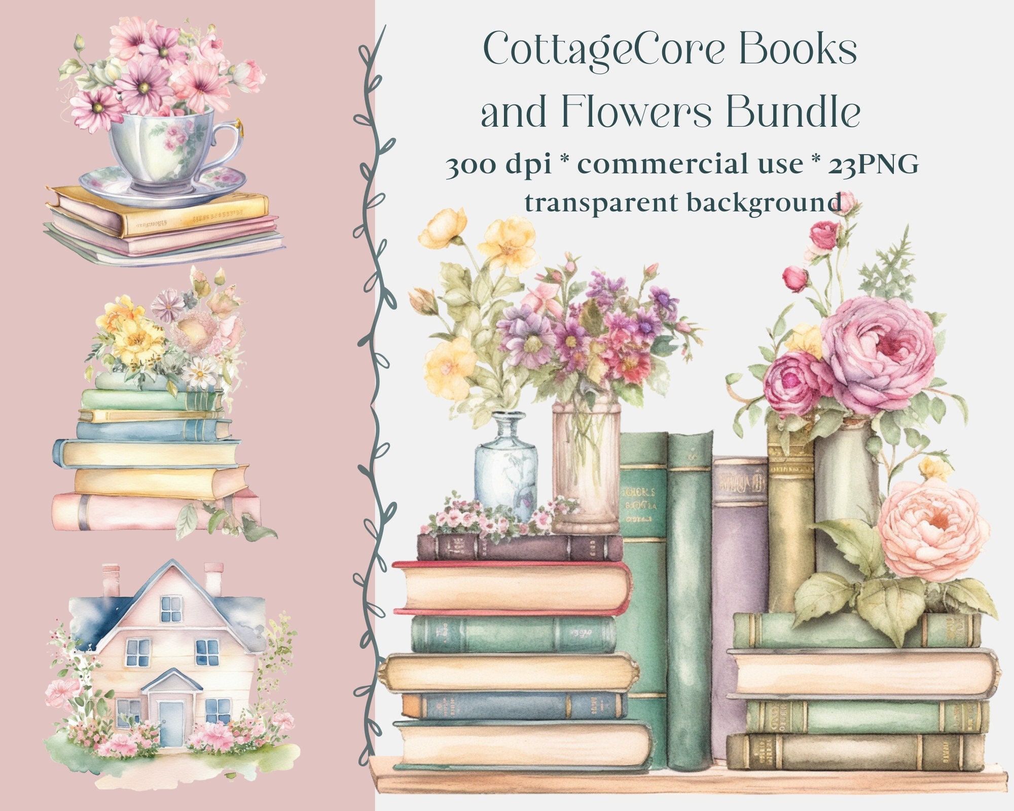 23 Watercolor Cottagecore Books and Flower Clipart Floral - Etsy