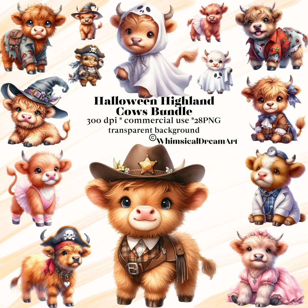 30 Watercolor Halloween Highland Cow Clipart Bundle ,baby Highland Cow ...