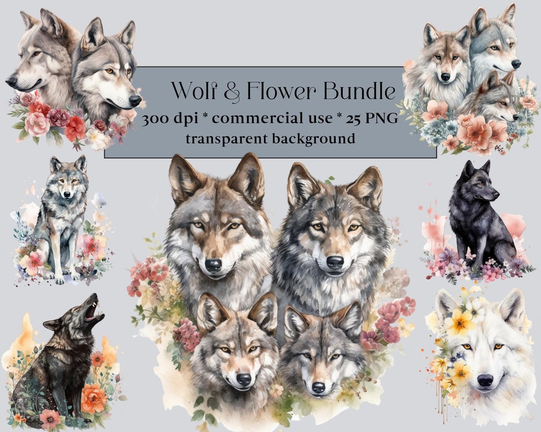 25 Wolf and Flower PNG Collection Watercolor Wolves Pack - Etsy