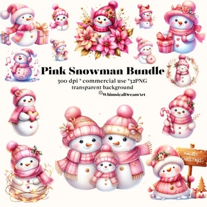 32 Christmas Cute Pink Snowman Clipart Bundle, Watercolor Collection ...
