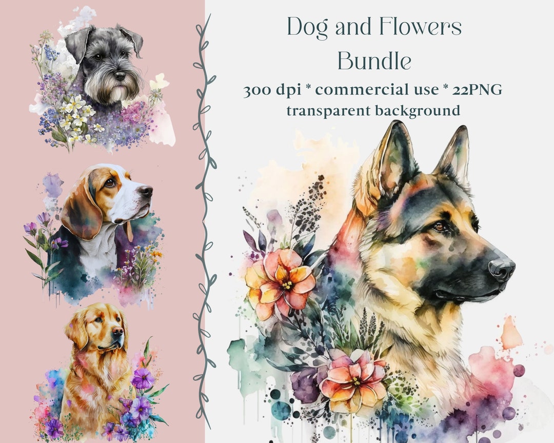 22 Watercolor Dog Clipart Set ,dog PNG Bundle , Floral Dog, Watercolor ...