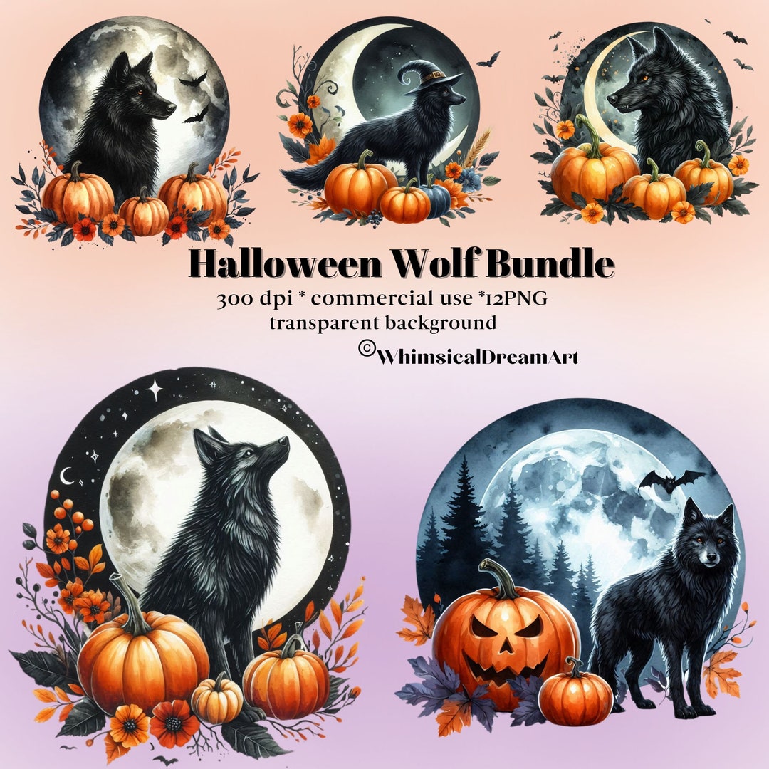 12 Watercolor Halloween Wolf Collection Clipart, PNG Halloween, Black ...