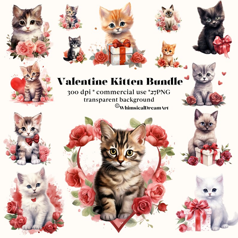 Valentine Kitten Clipart Bundle, Watercolor Cat PNG (digital Download ...