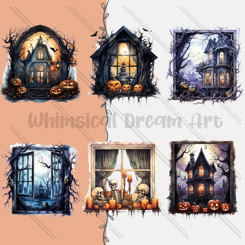 24 Halloween Window Clipart, Pumpkin Watercolor Clipart, Halloween ...