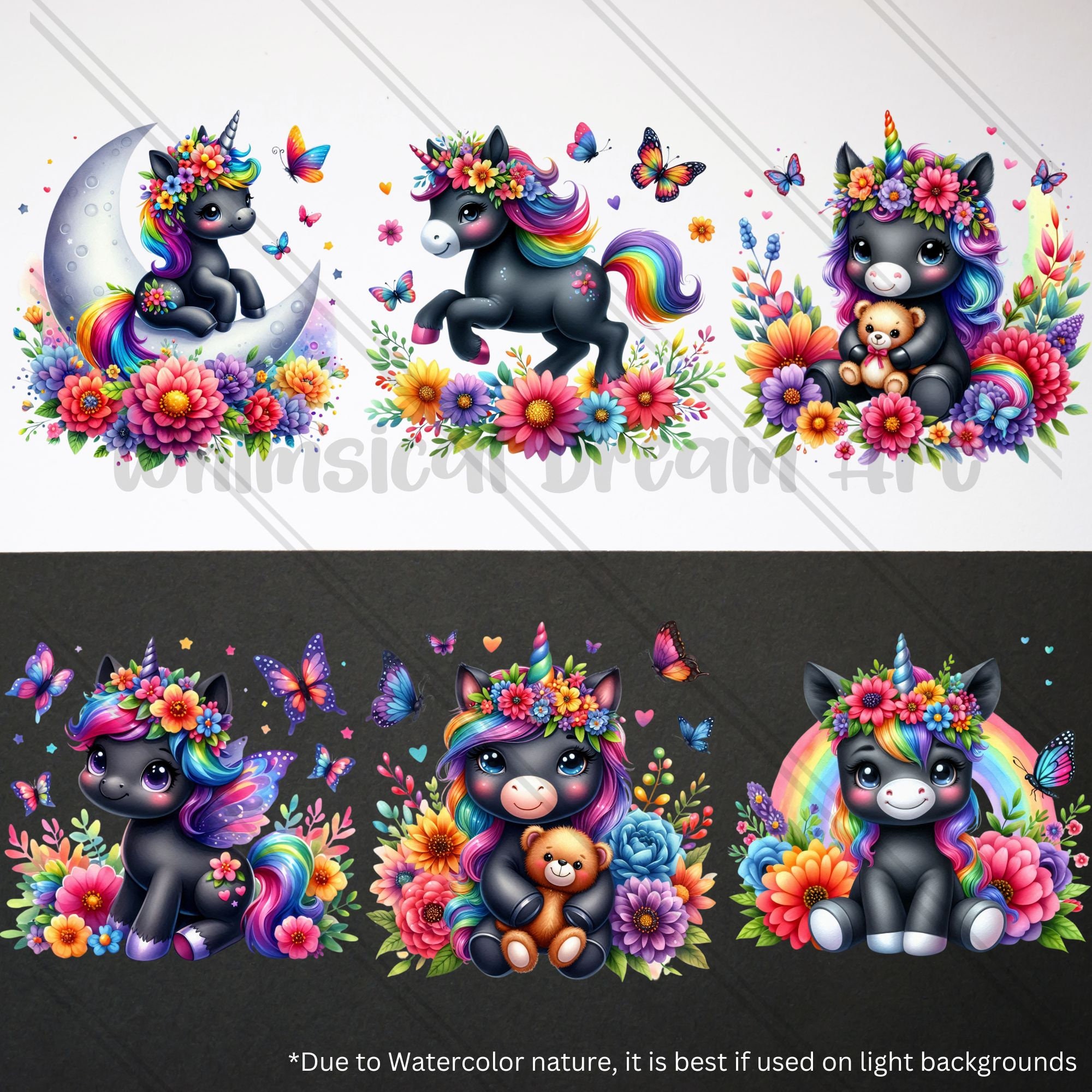 11 Watercolor Cute Rainbow Unicorn Collection Clipart, Spring Flowers ...