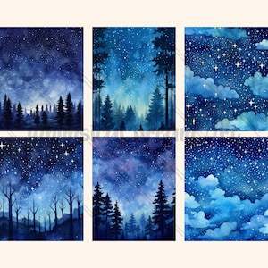 32 Starry Night Landscape Digital Paper, Blue Watercolour Texture ...