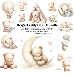 108 Watercolor Sleepy Teddy Bear Clipart, Baby Shower PNG, Vintage ...
