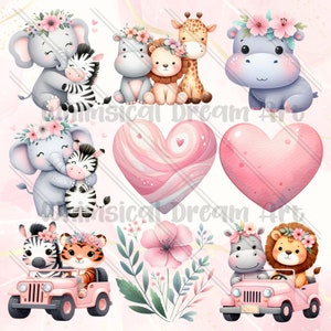 45 Watercolor Pink Safari Animal Clipart PNG Bundle, Baby Animal, Girl ...