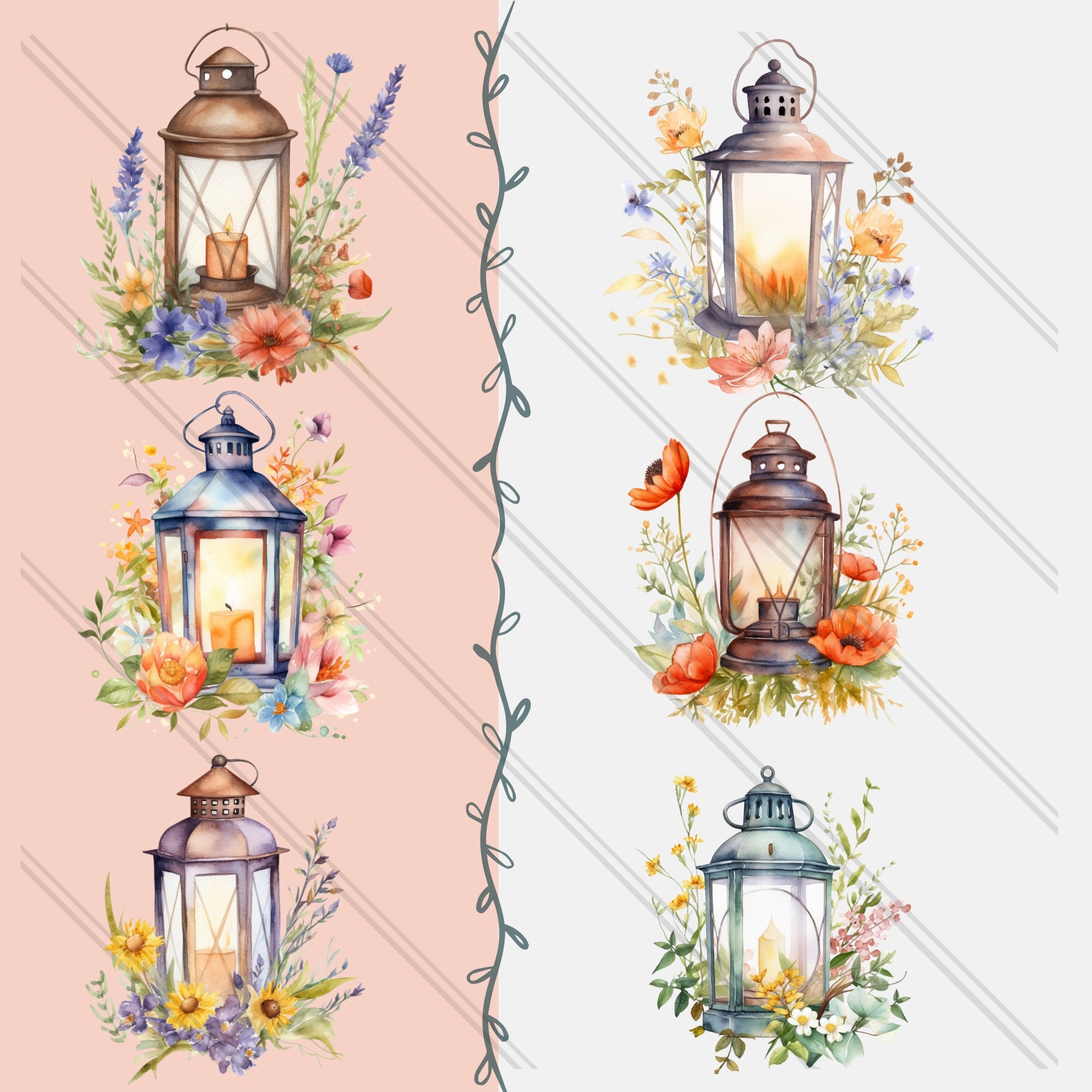 22 Watercolor Cottagecore Lantern Clipart Bundle - Floral Antique ...