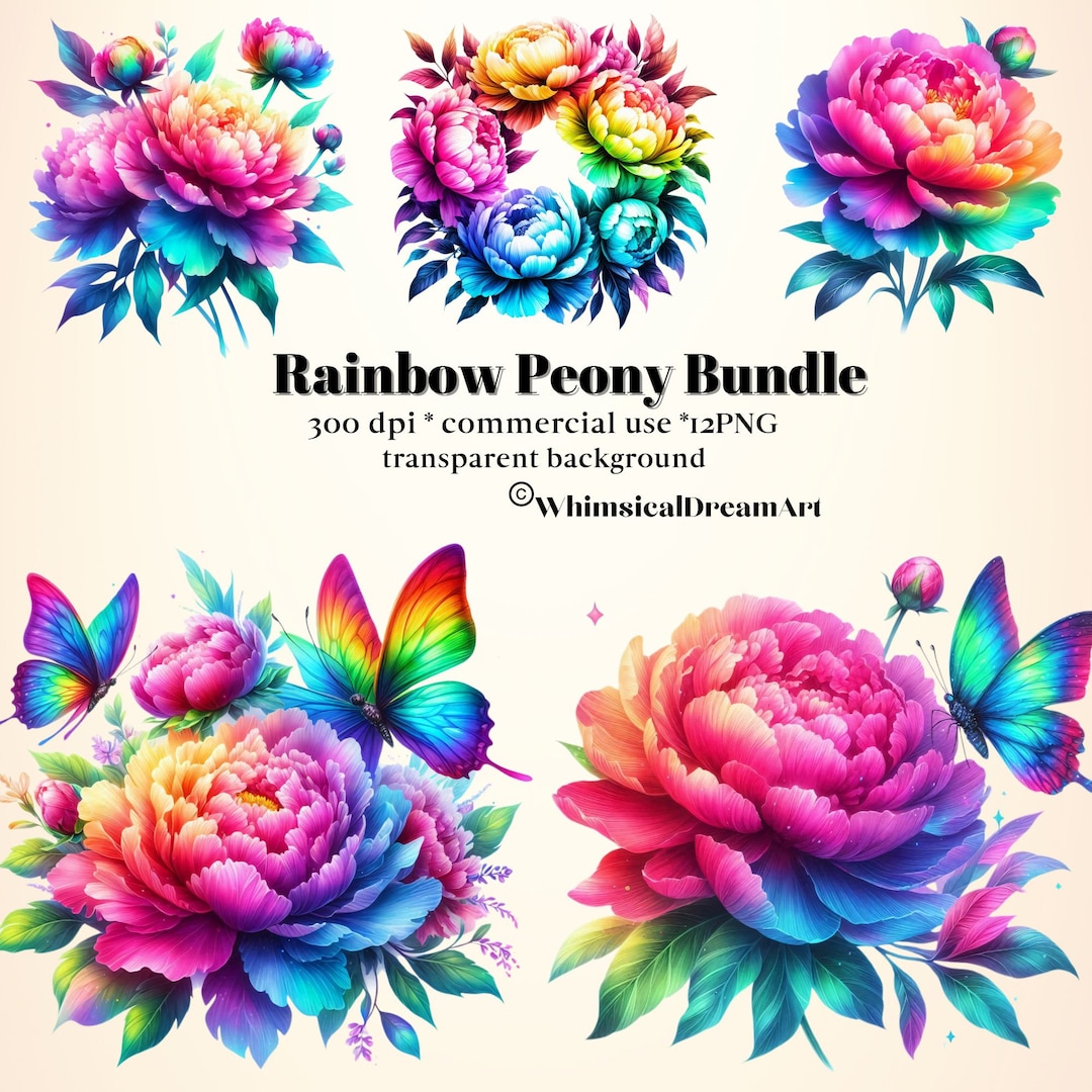 12 Watercolor Rainbow Peony Clipart, Summer Flower PNG (commercial Use ...