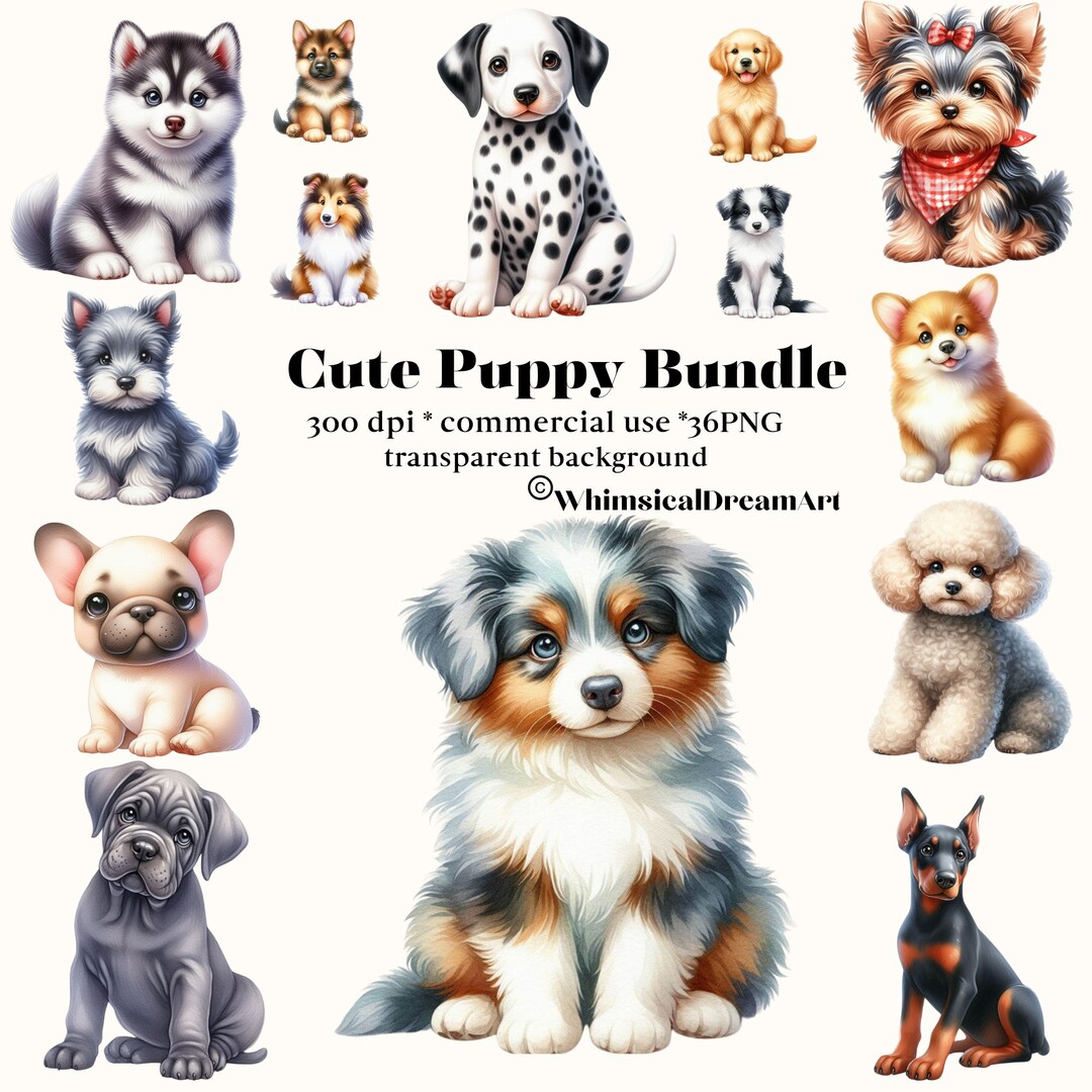 36 Watercolor Cute Puppy Clipart Set ,dog PNG Bundle, Watercolor Images ...