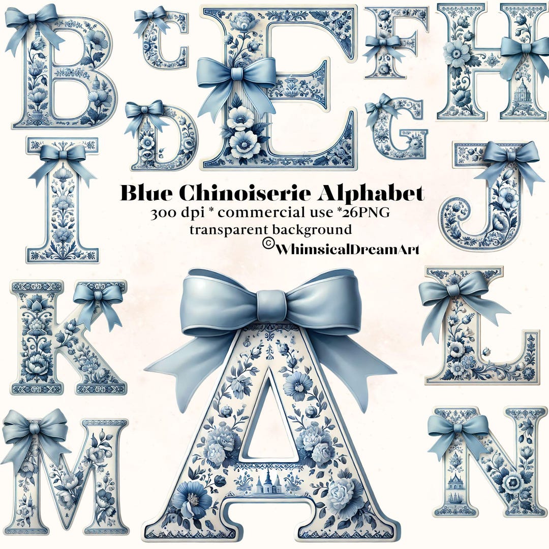 Blue Chinoiserie Clipart Decorative Letters, Uppercase Alphabet Set ...