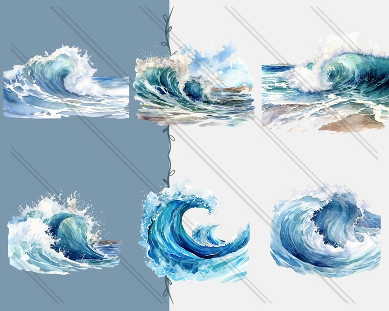 24 Watercolor Ocean Waves Clipart PNG Nautical Watercolor - Etsy