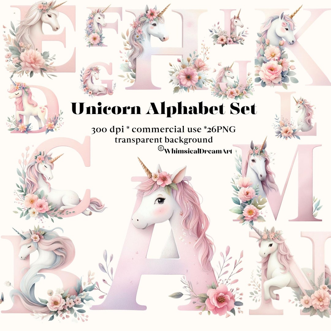 Pink Unicorn Clipart Decorative Letters, Uppercase Alphabet Set ...