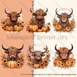 24 Watercolour Fall Highland Cow Clipart Bundle, Pumpkins, Autumn ...