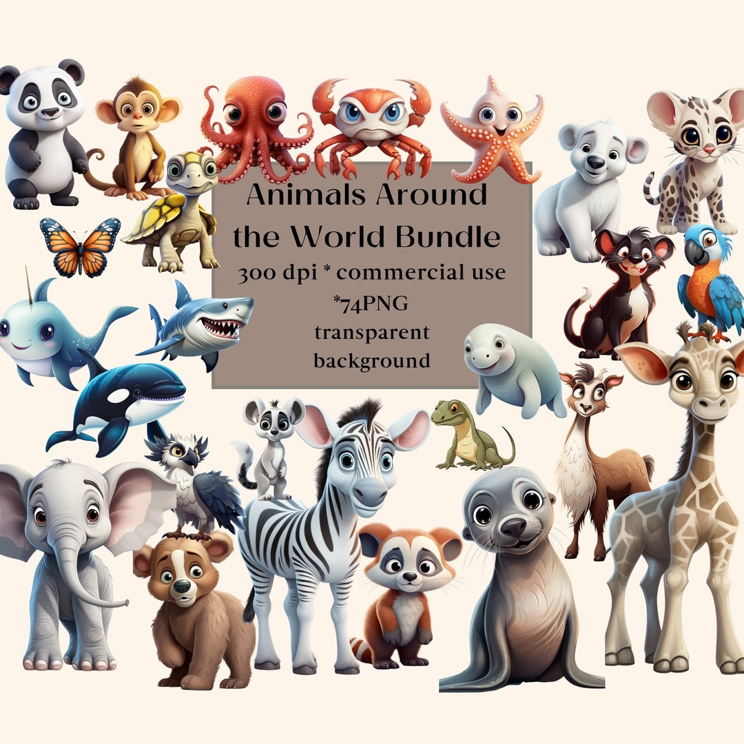 74 Cute Animals Clipart Cartoon Bundle, Jungle Safari PNG, African Wild ...