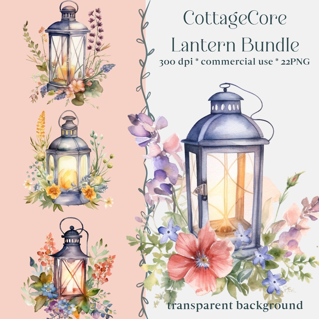 22 Watercolor Cottagecore Lantern Clipart Bundle - Floral Antique ...