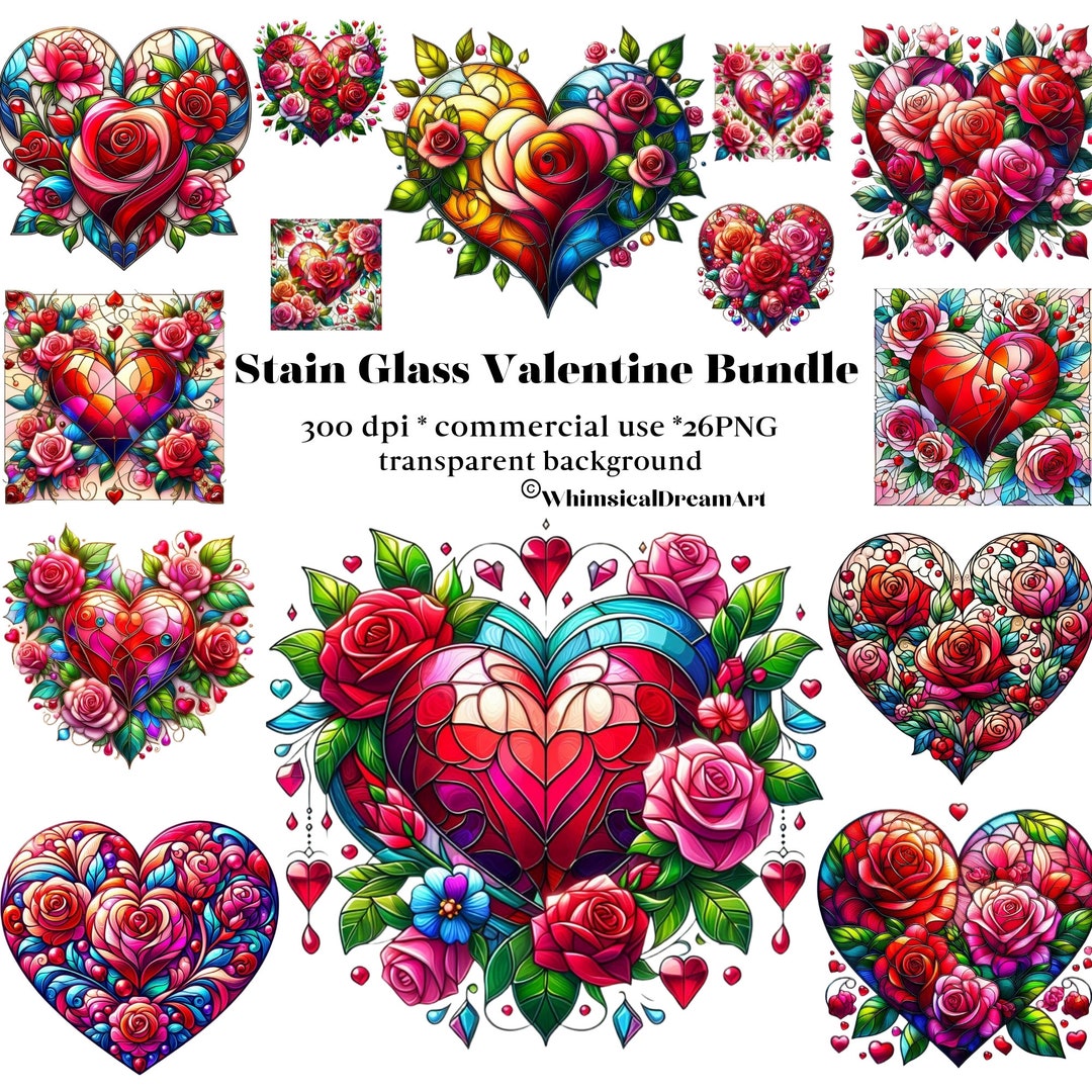 26 Stained Glass Heart Clipart, Valentine Cards, Winter, Holiday, Gift ...