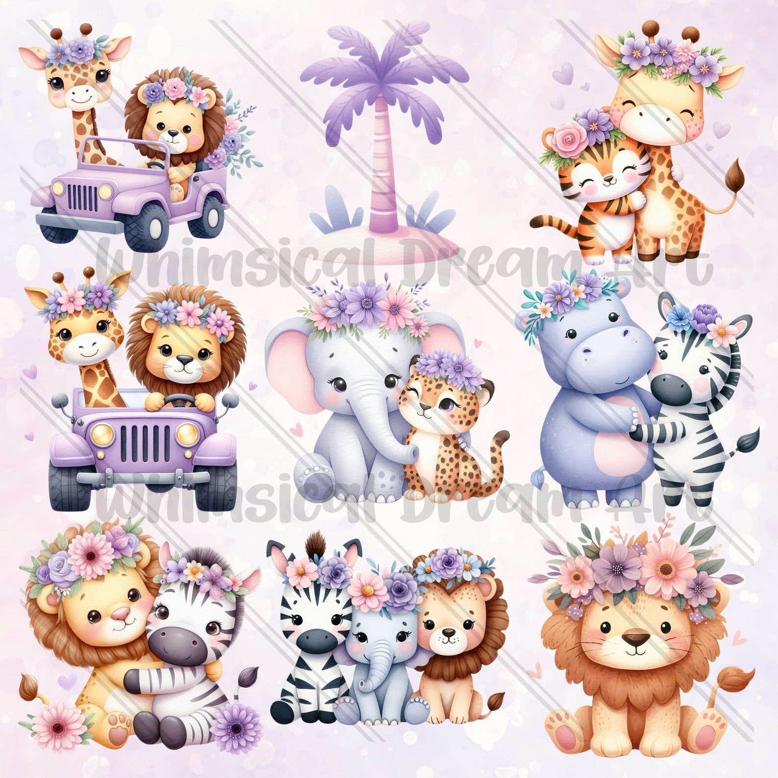 47 Watercolor Purple Safari Animal Clipart PNG Bundle, Baby Animal ...