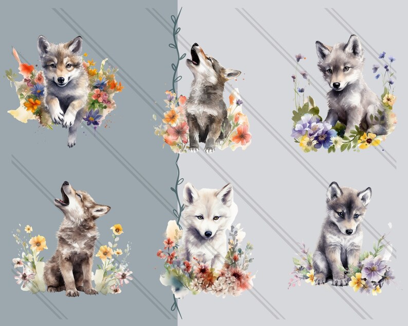 24 Wolf Pup and Flower PNG Collection Watercolor Wolves - Etsy