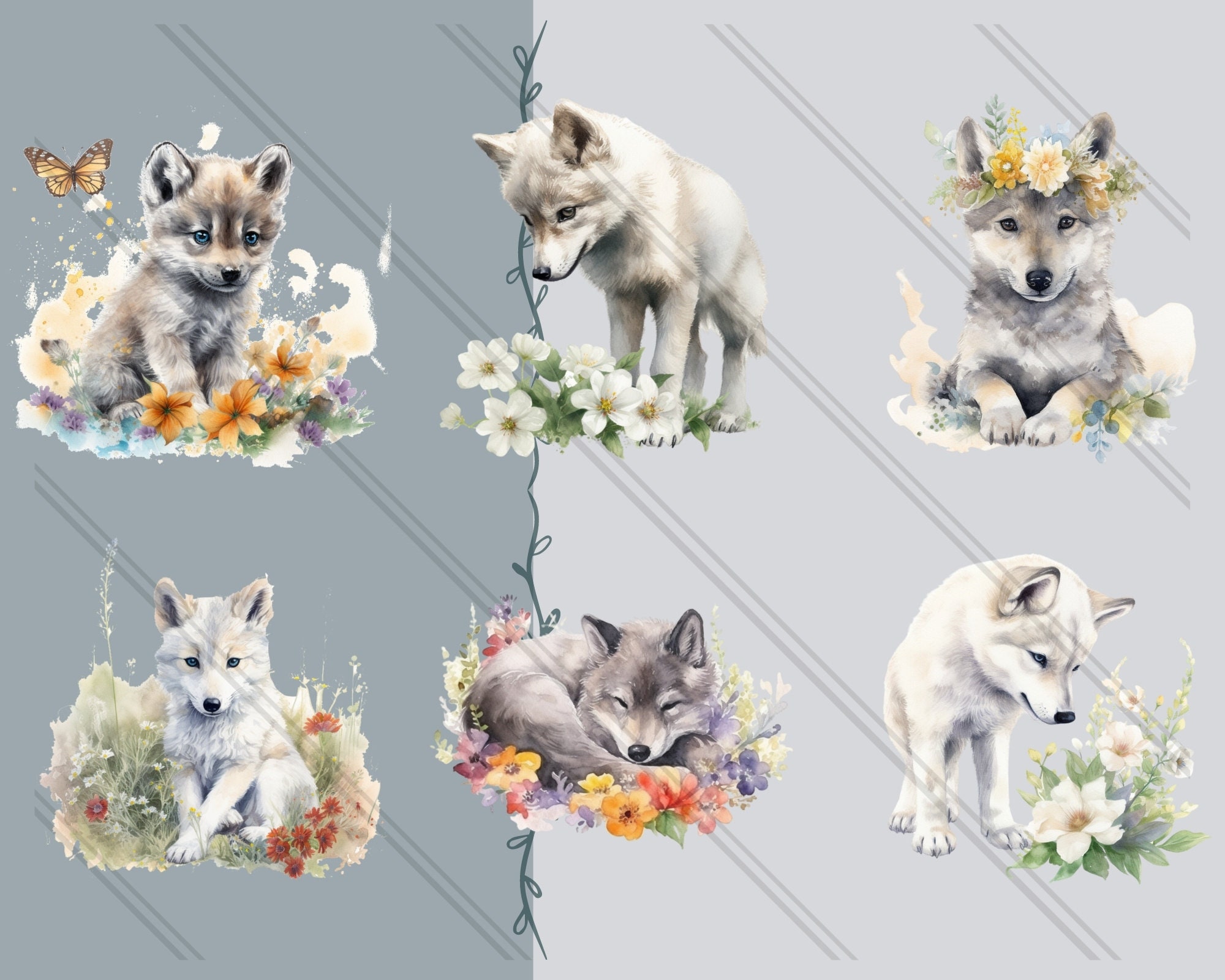 24 Wolf Pup and Flower PNG Collection , Watercolor Wolves Pack, Wolf ...