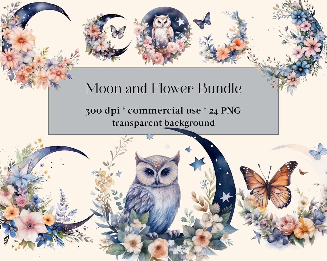 24 PNG Watercolor Floral Moons Clipart - Floral Crescent Moons With ...