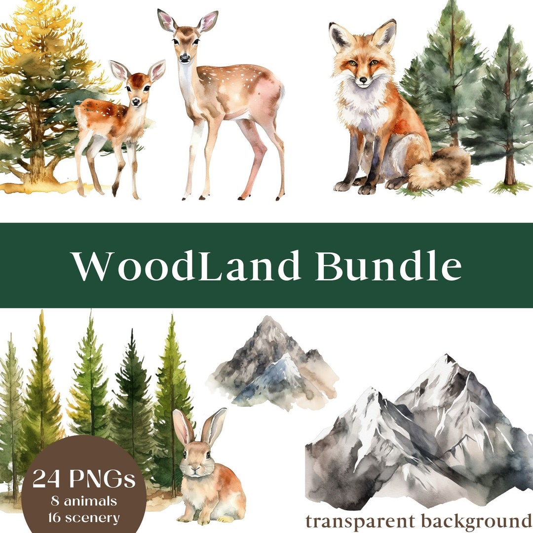 Watercolor Wild Forest Digital Clipart Set - Enchanted Mountains, Deer ...
