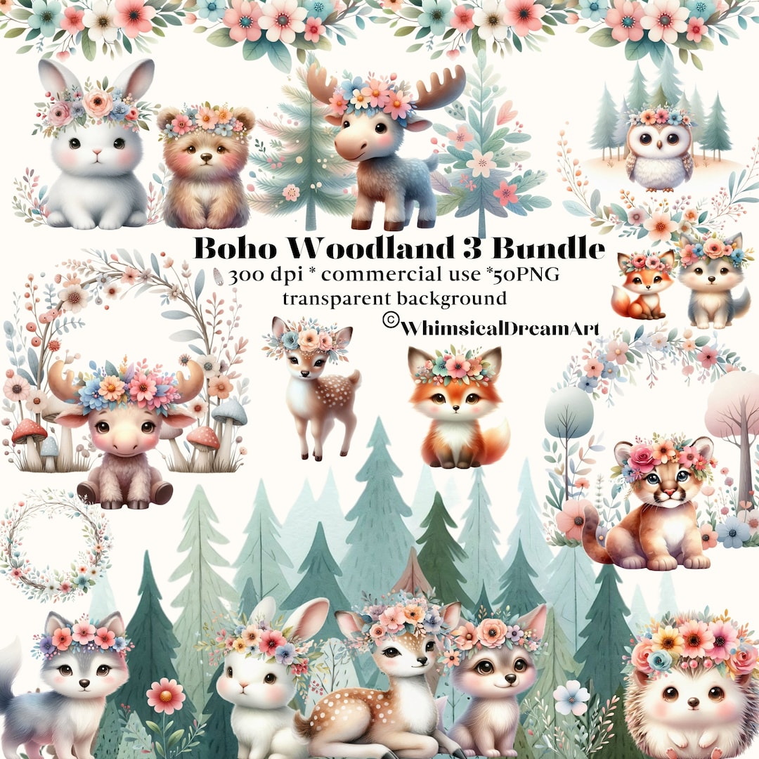 50 Boho Woodland Animals Clipart Watercolor Bundle, Commercial Use ...