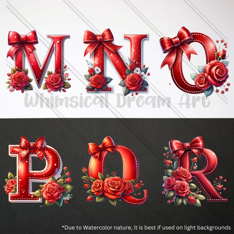 Red Rose Clipart Decorative Letters, Uppercase Alphabet Set, Watercolor ...