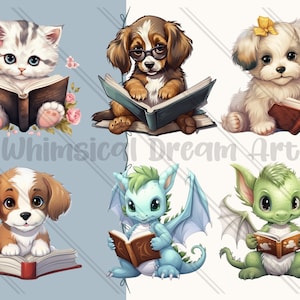 24 PNG Watercolor Reading Animal Clipart, Booklover Animals Clipart ...