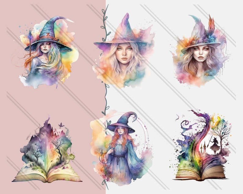 30 PNG Watercolor Pastel Witch Clipart Bundle, Pastel Witchcraft Clip ...